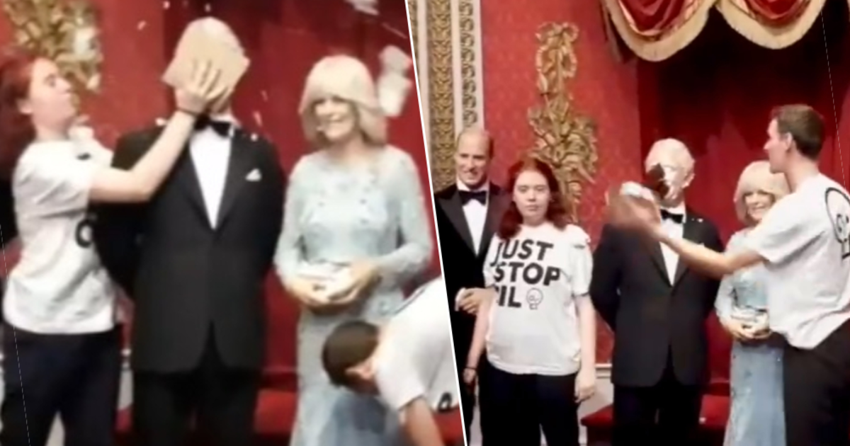 Wassen beeld koning Charles in Londen beklad met taart | De Morgen