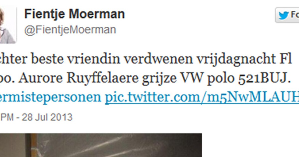 Fientje Moerman post opsporingsbericht op Twitter | De Morgen